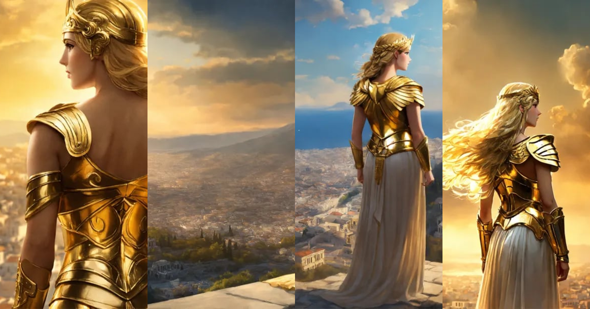 Lexica - Greek goddess Athena with blonde hair, gold armor, from behind ...