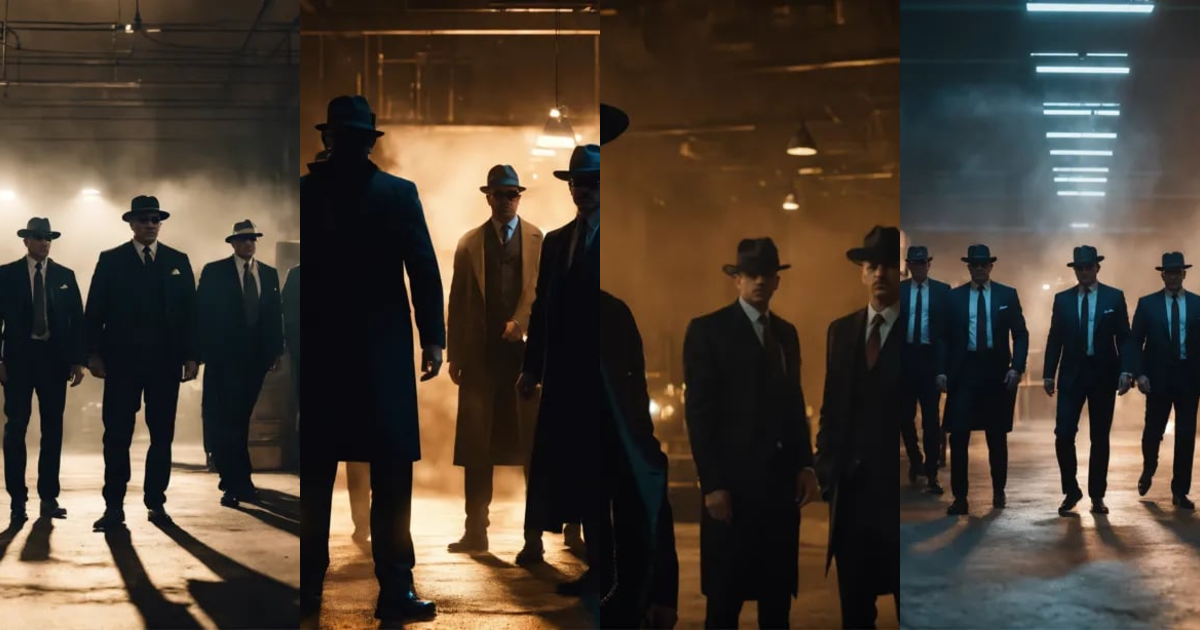 Lexica - Group of mafia gangster members in dark warehouse, smoky mood ...