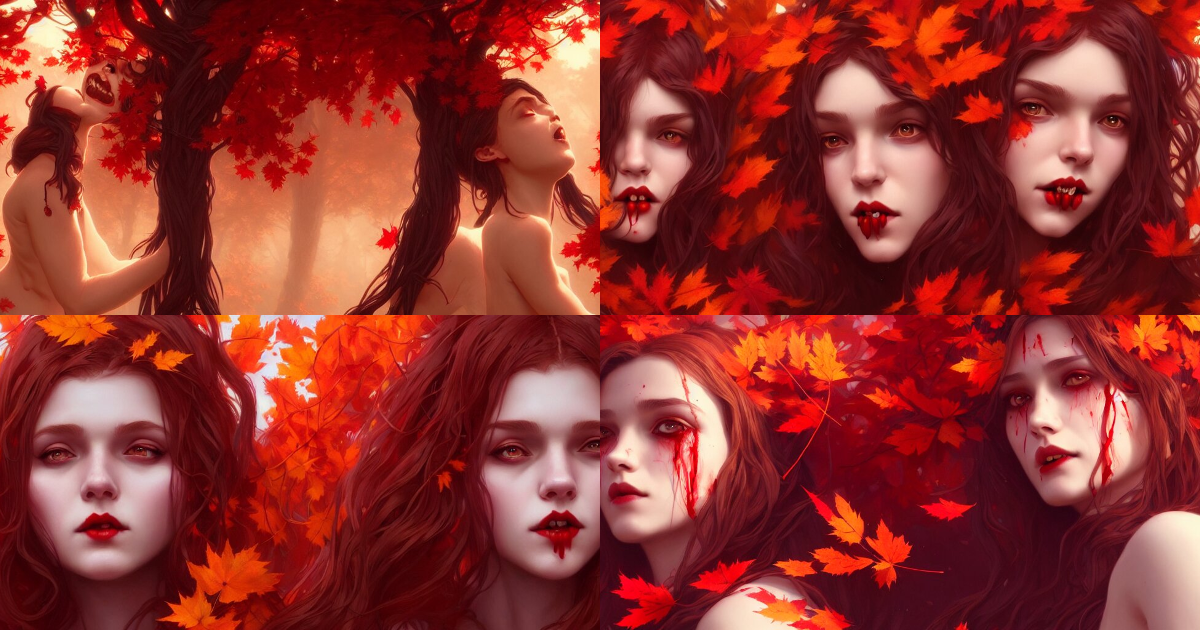 Lexica - Girl with with hair becoming autumn red leaves trees, vampires ...
