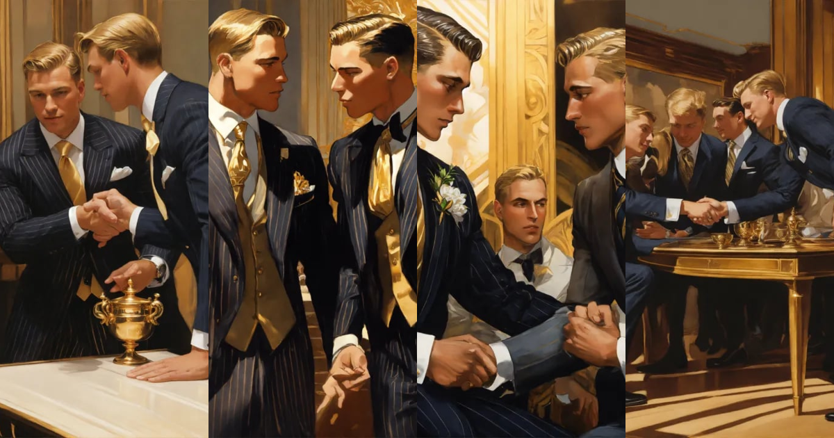 Lexica - A muscled male CEO in black pinstripe suit, golden tie ...
