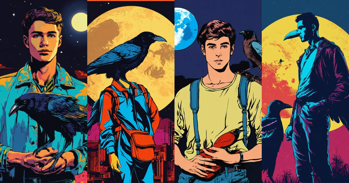 Lexica - Fit young man, holding crow, full moon, pop art