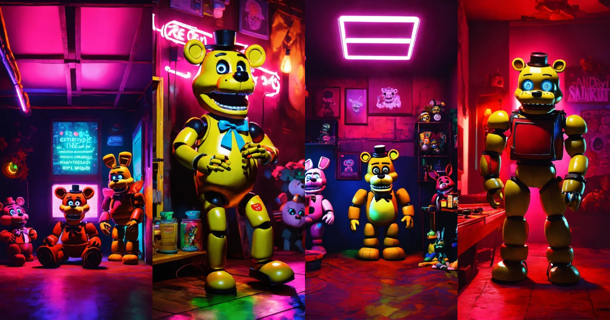 Lexica - Five nights at Freddys animatronics in a dimly lit room, neon ...