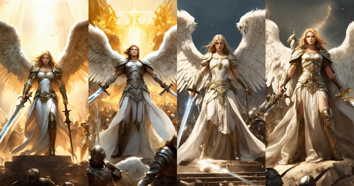 Lexica - A strong white angel with a big sword standing on defeated ...