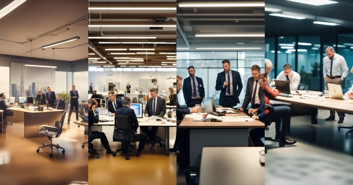 Lexica - Tilt-shifted photo of team in modern open space office ...