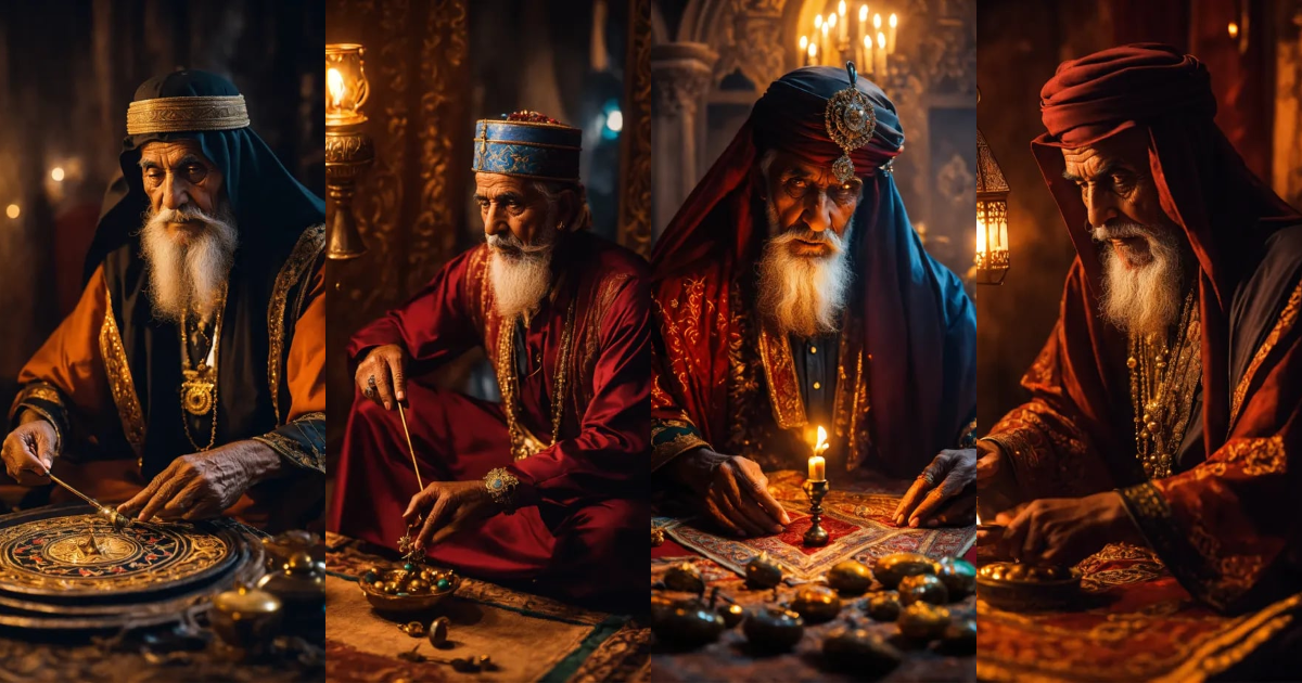 Lexica - An old Arabian magician creating a charm. Scary vibes.