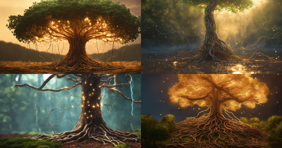 Lexica - Unrealistic tree roots made of electricity floating in the air ...