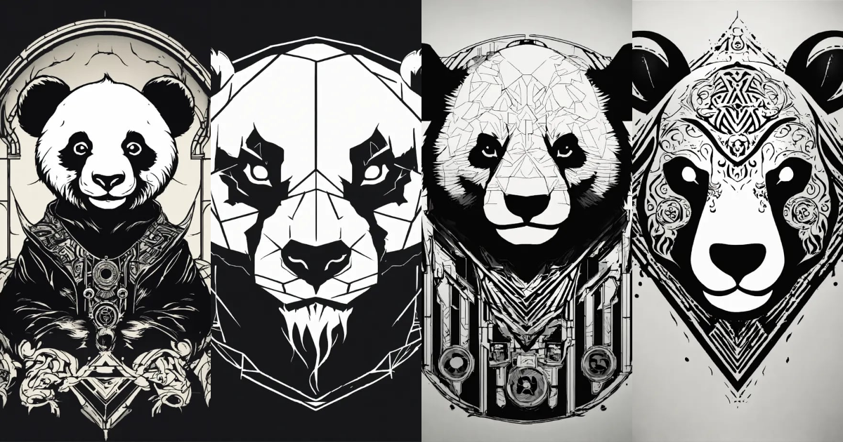 Lexica - Demon panda, black and white, stencil logo simple lines