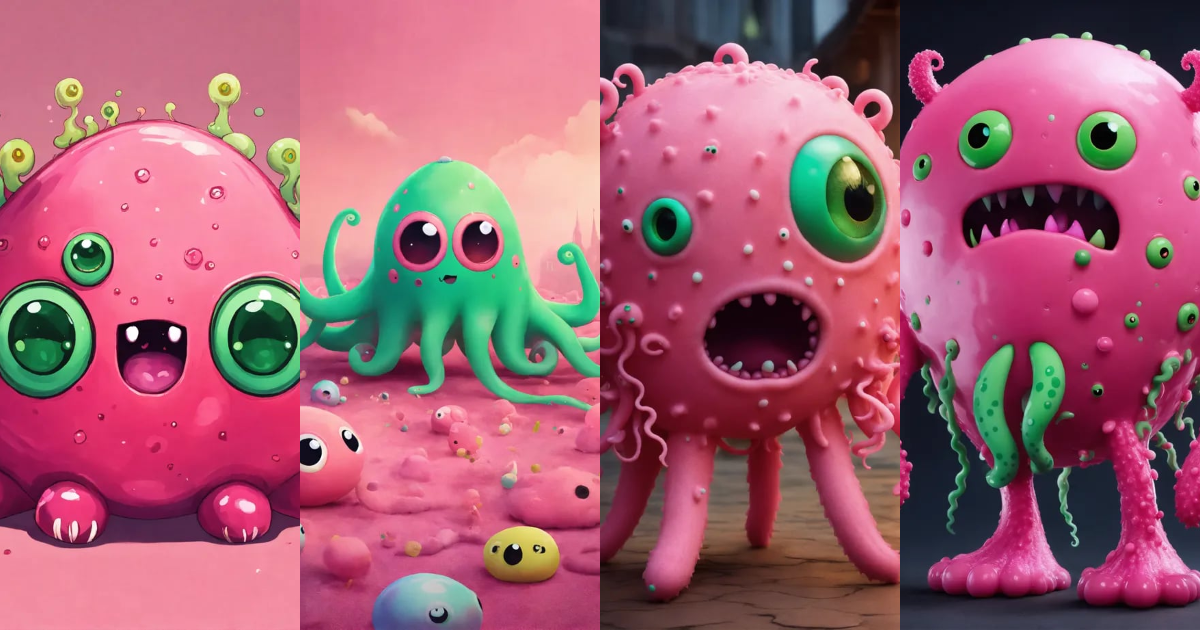Lexica - A multi-eyed kawaii pink blob monster with skinny green tentacles.