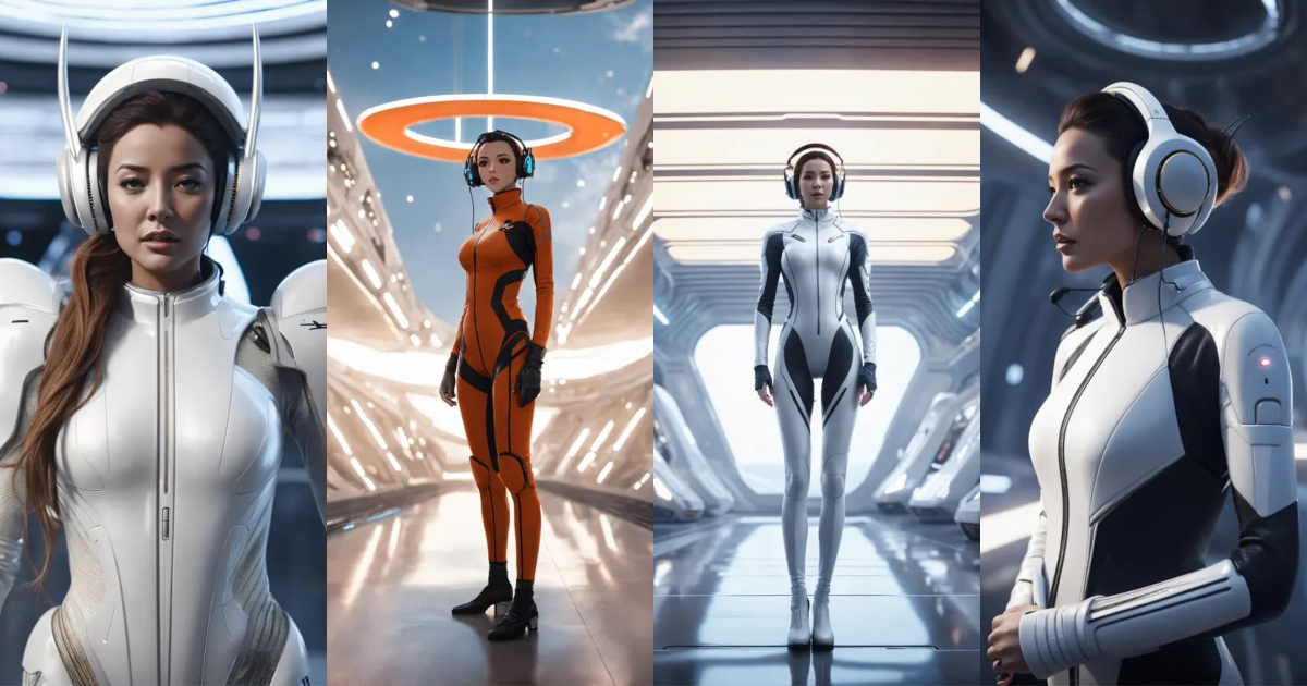 Lexica - Wide shot of a female super spy wearing a tight futuristic spy ...