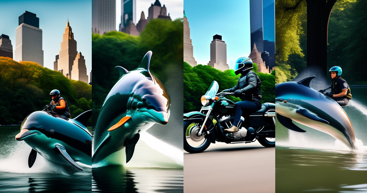 Lexica - Dolphin riding a motorcycle in Central Park, New York CIty