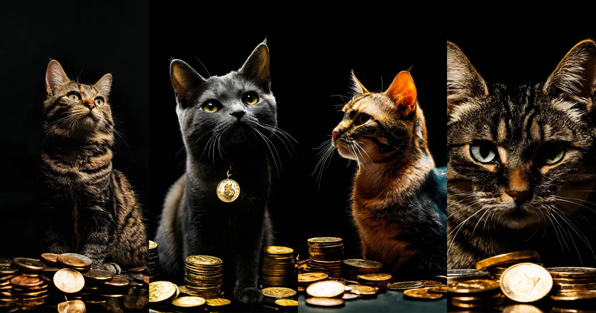 Lexica - Arrogant cat on a black background among coins