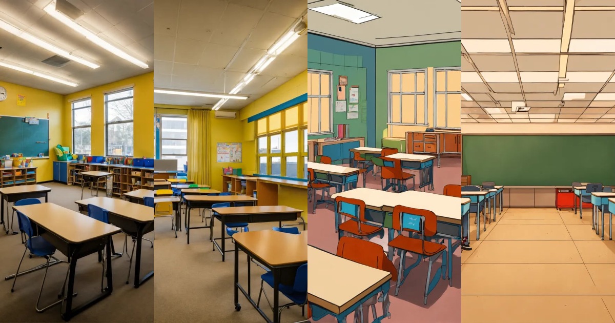 Lexica - A classroom with teachers desk, and 4 student desks with 4 ...