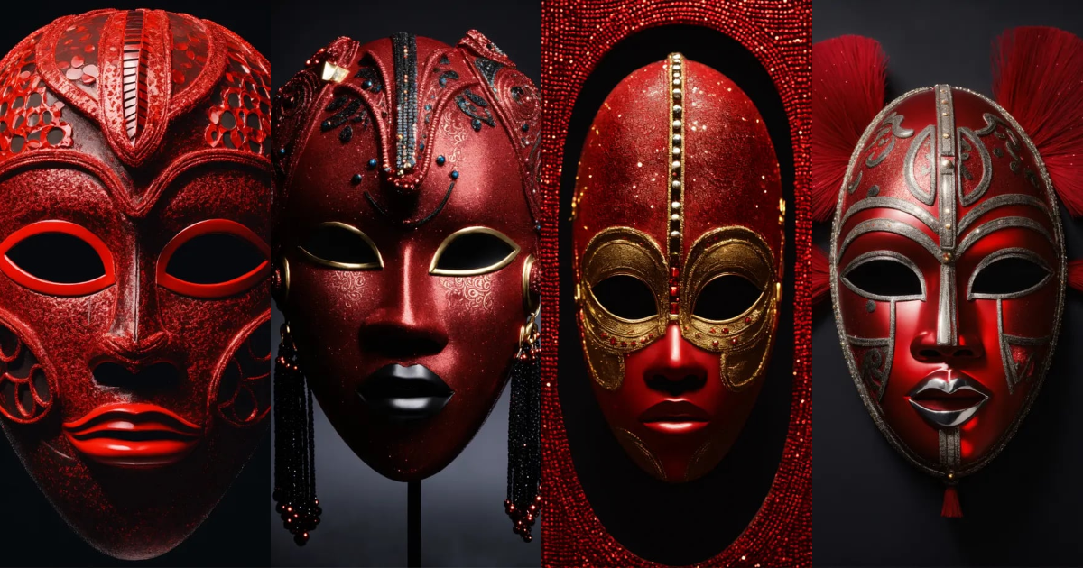 Lexica - Hyper realistic red opaque sparkling African mask with black ...