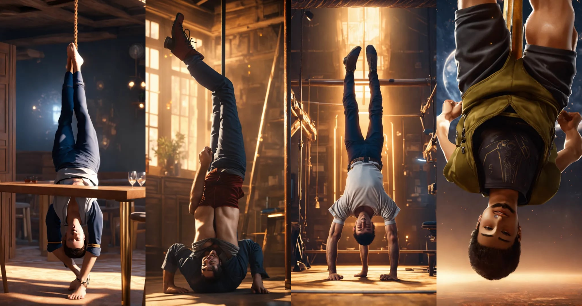 Lexica - A man hanging upside down by his leg while his other leg is crossed at the knee ...