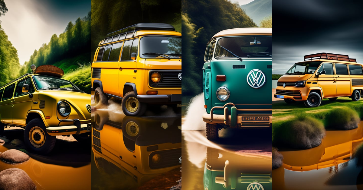 Lexica - Offroad vw combi car, river, photo, old style, rusty,