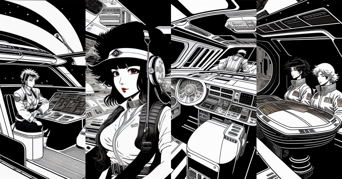 Lexica - Vintage 80's anime style. cluttered starship interior; crew ...