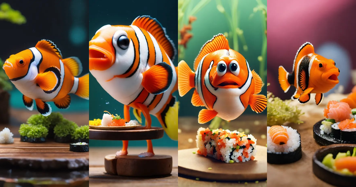 Lexica - A clownfish standing on 2 legs, eating sushi, claymation, 8k