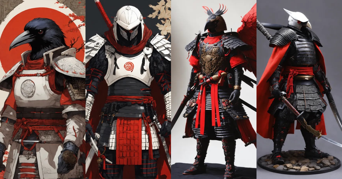 Lexica - Raven humanoid, samurai armor, white, black, red, Katsuhiro ...