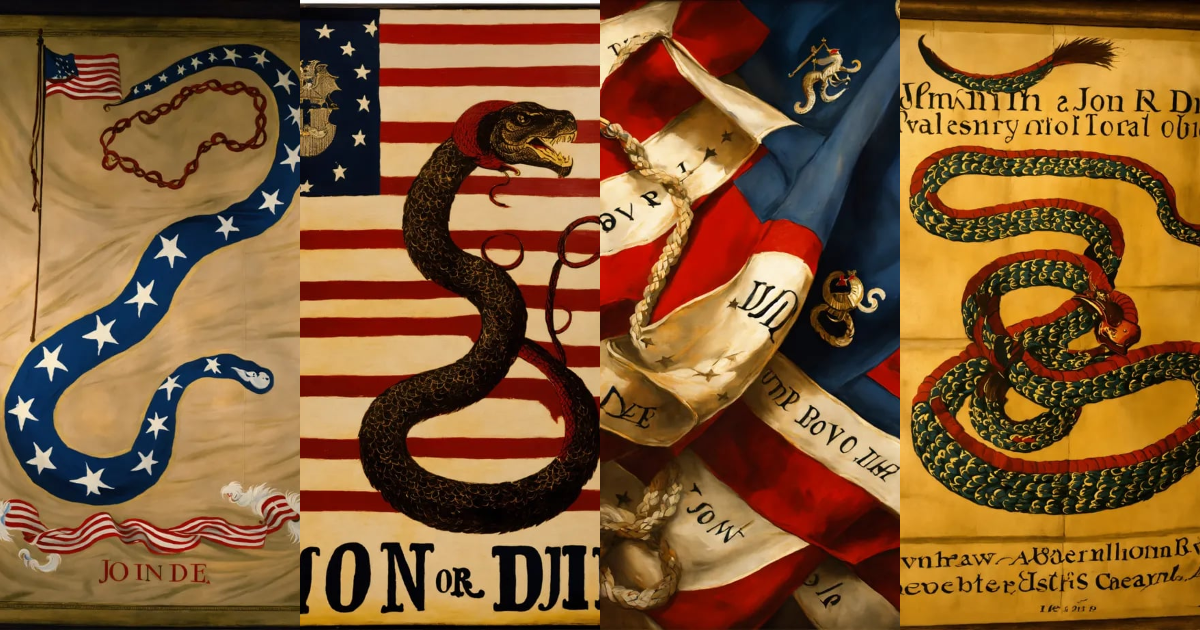 Lexica - A painting of the join or die flag from the revolutionary war