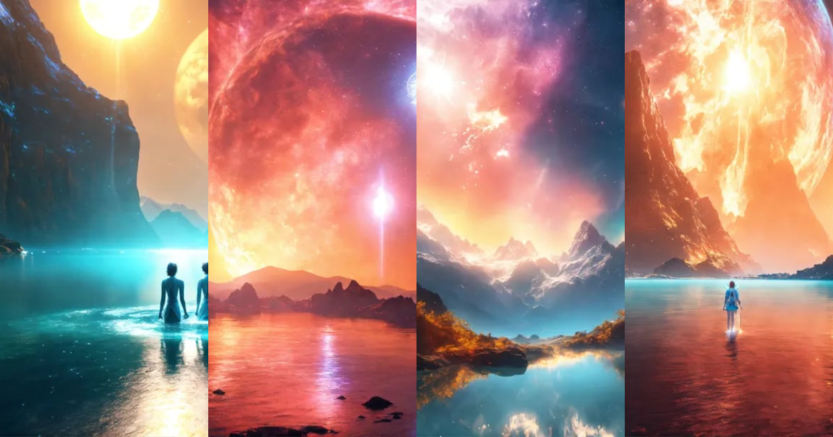 Lexica - Two ethereal water angel, mountain nebula, sun backgound ...