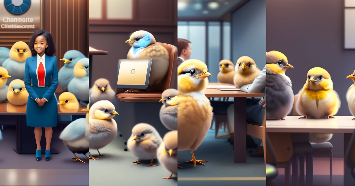 Lexica - A chick, dressed in a suit, is in a meeting room, sitting on a ...