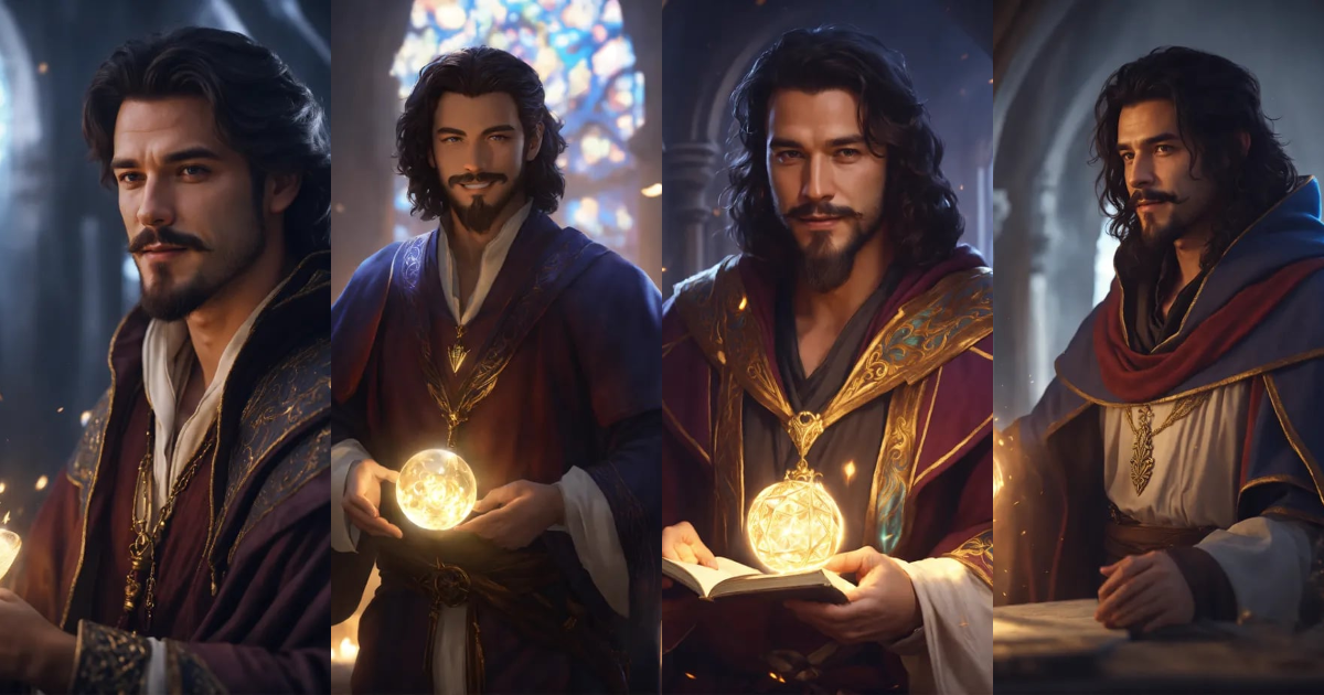 Lexica - Dark medium hair, french goatee, smirk, wizard robes, creating ...