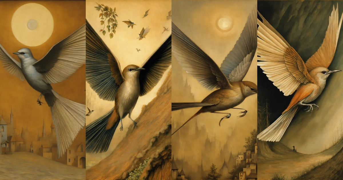 Lexica - A nightingale in flight with spread wings, shown from the side ...