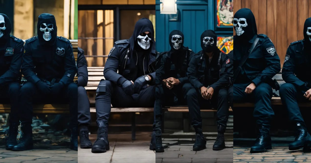 Lexica - 3 guys,black comando outfit, wearing skull mask, mask, siting ...