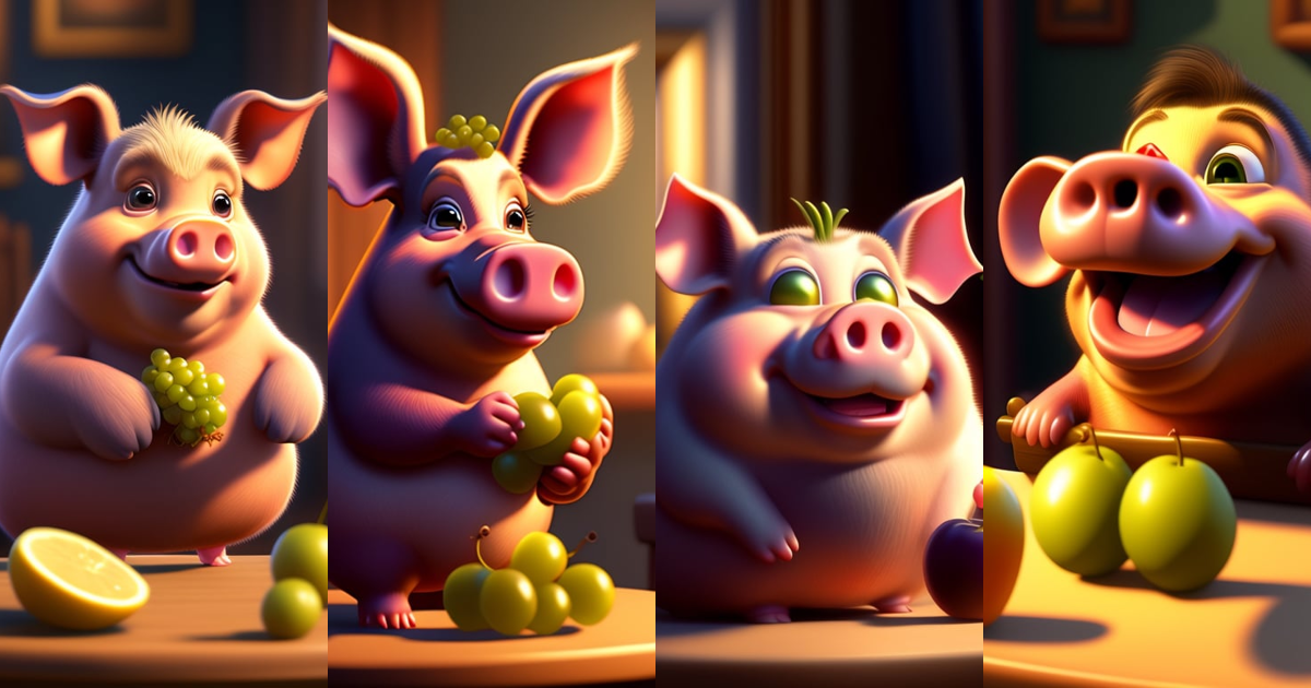 Lexica - Pixar art of a funny smiling pig eating some grapes sitting ...