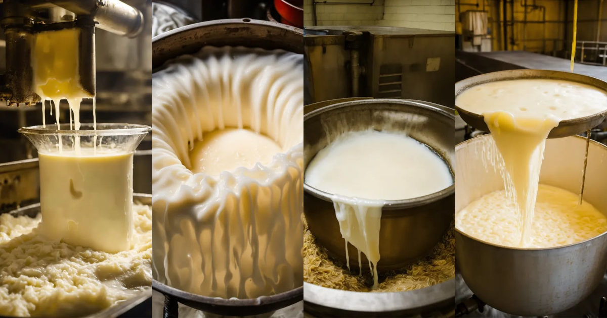 Lexica - Curdled milk in a straining cloth in an industrial setting