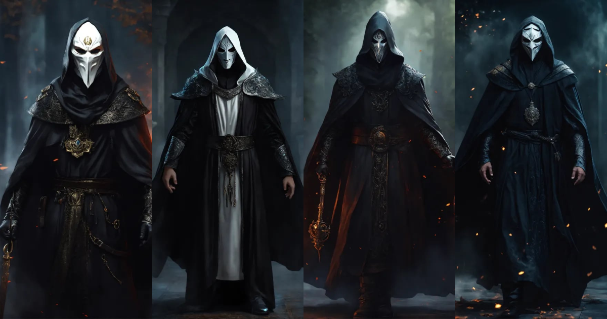 Lexica - White masked man wearing black robes, evil wizard, fantasy ...