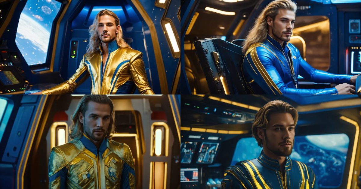 Lexica - Handsome galactic man in blue and gold jumpsuit, long light ...