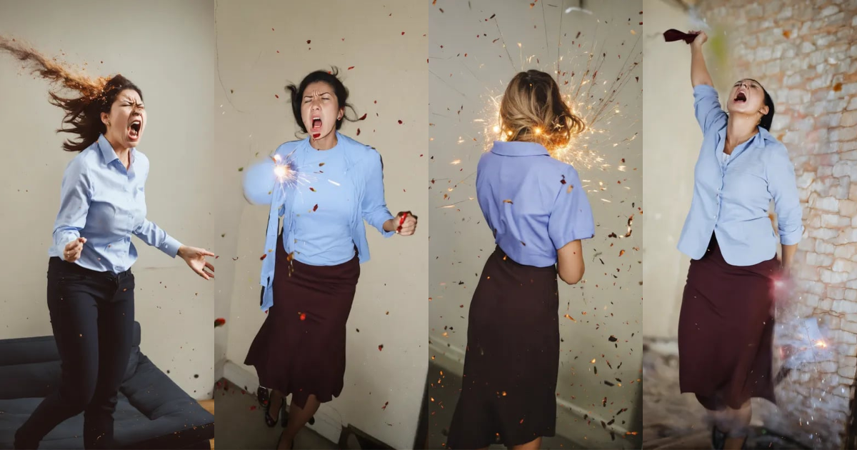 Lexica - A woman getting very angry and exploding with anger
