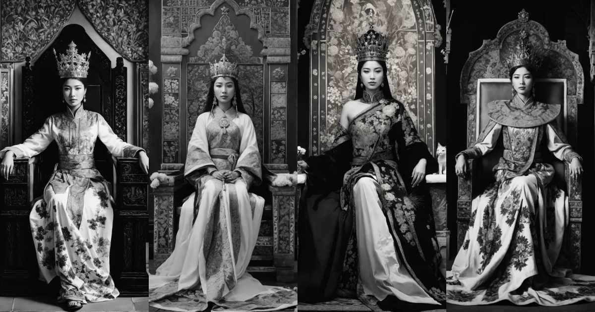 Lexica - Create a beautiful painting monochrome of an empress seated on ...
