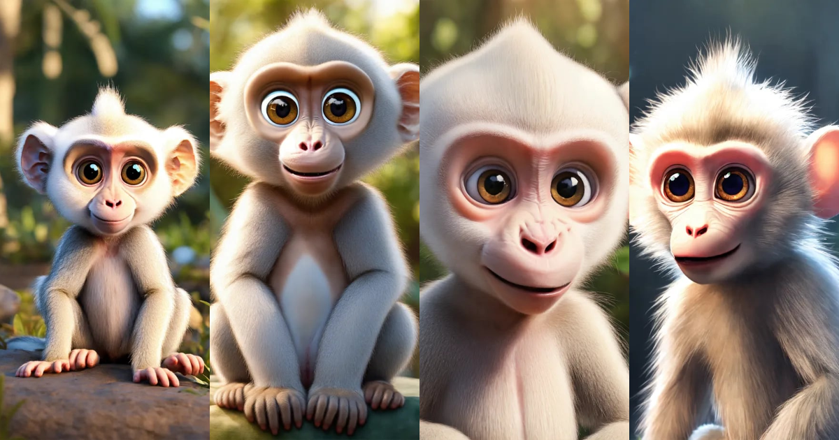 Lexica - A cute all white baby baboon with big eyes, animated, cartoon ...