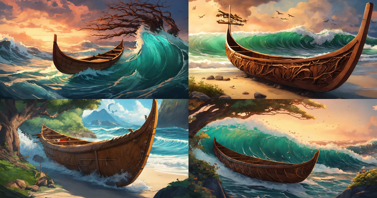 Lexica - A anime style canoe made of branches in a sea facing big waves