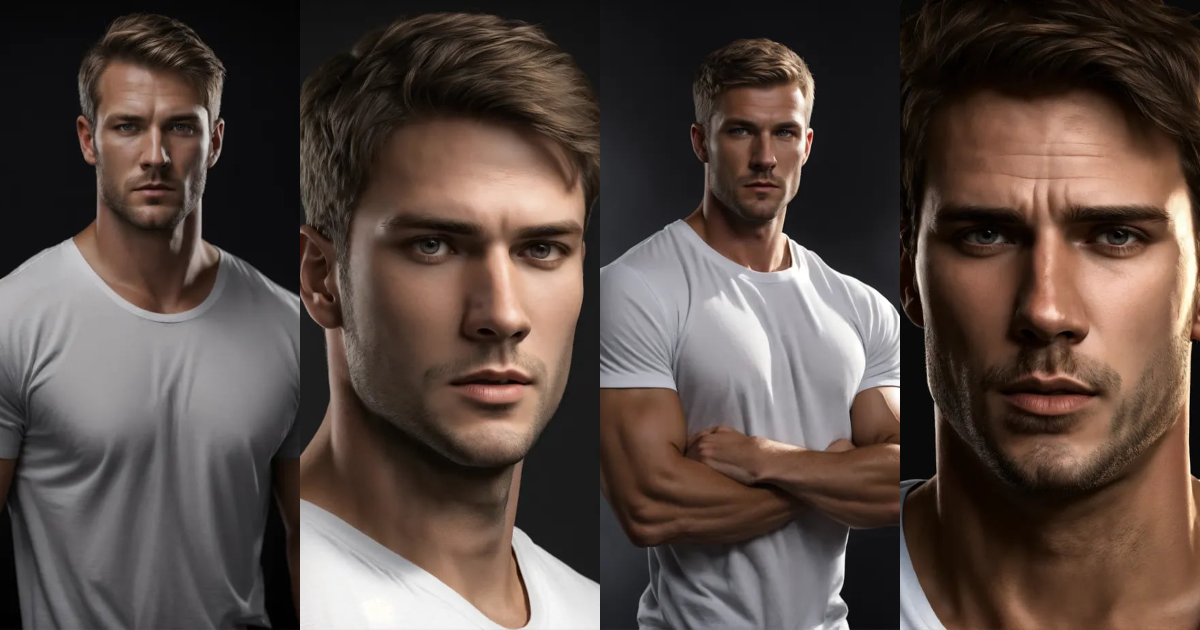 Lexica - Realistic man, solid black background, dark blond hair, tall ...