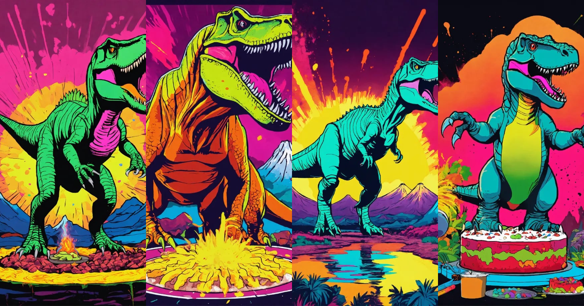 Lexica - T-Rex DJ, stegosaurus with glow sticks, volcano cake eruption ...