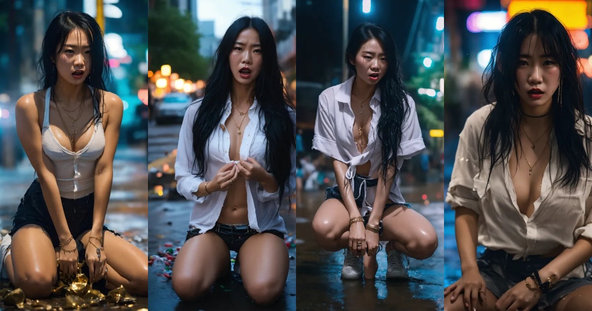 Lexica - Full body, kneeling, gag, lots of jewelry, swimwear, shiny, wet messy long hair ...