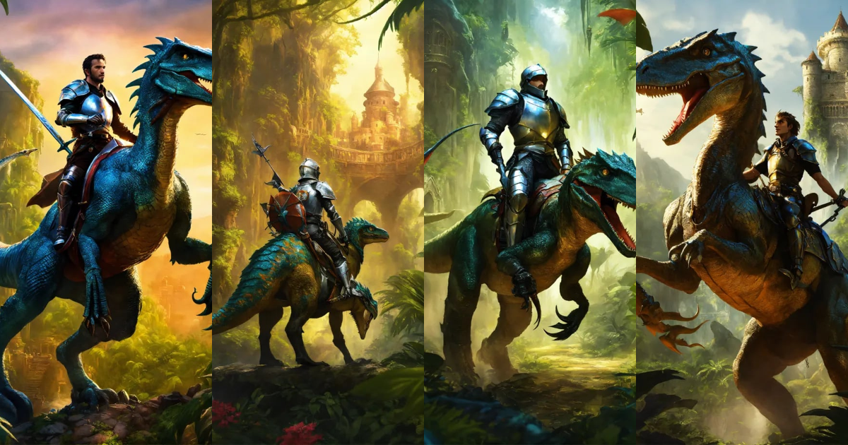 Lexica - A knight in shining armor, riding a velociraptor, fantasy art ...