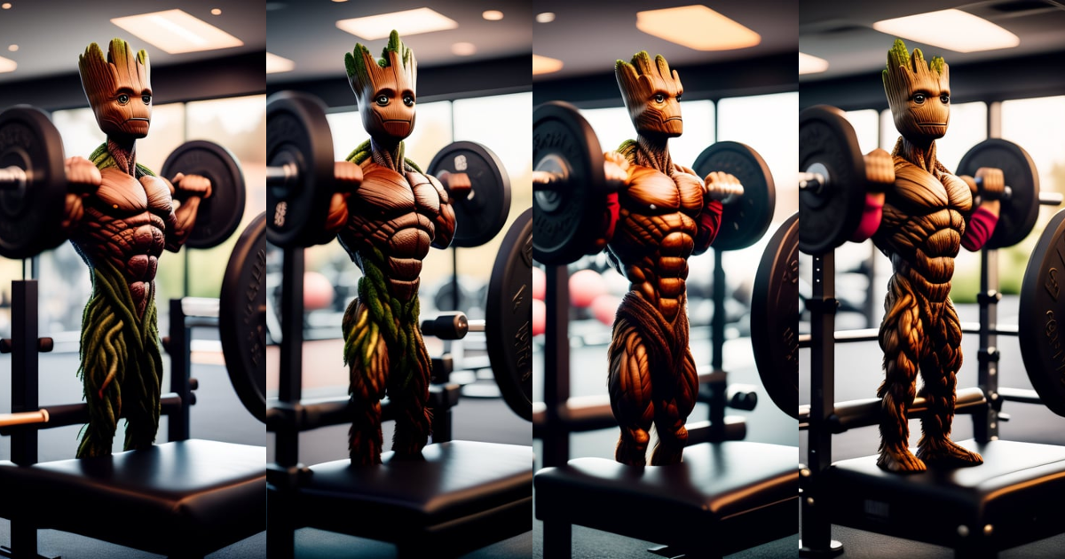 Lexica - Groot doing bench press and getting swole at a luxury gym ...