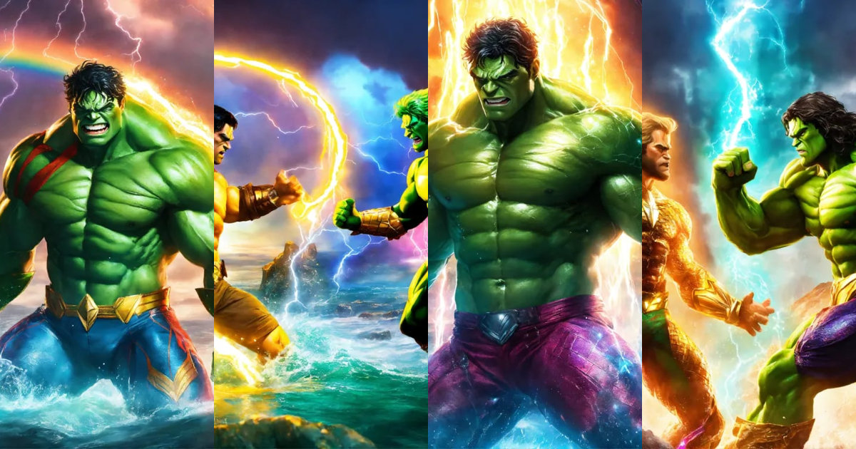 Lexica - Glowing hulk vs stone Aquaman god rainbow water lightning