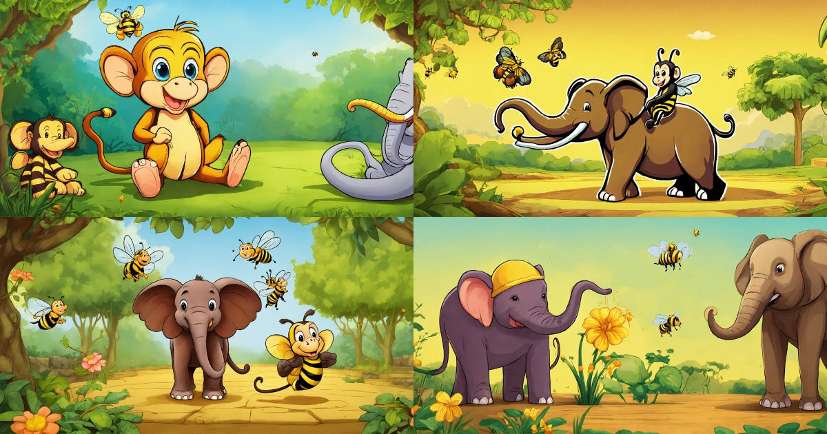 Lexica - Bee playing monkey and elephant cartoon