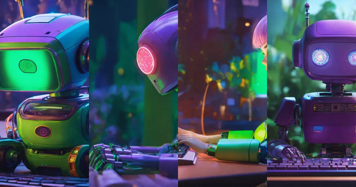 Lexica - Cute robot typing in computer realistc. medium-sized centered ...