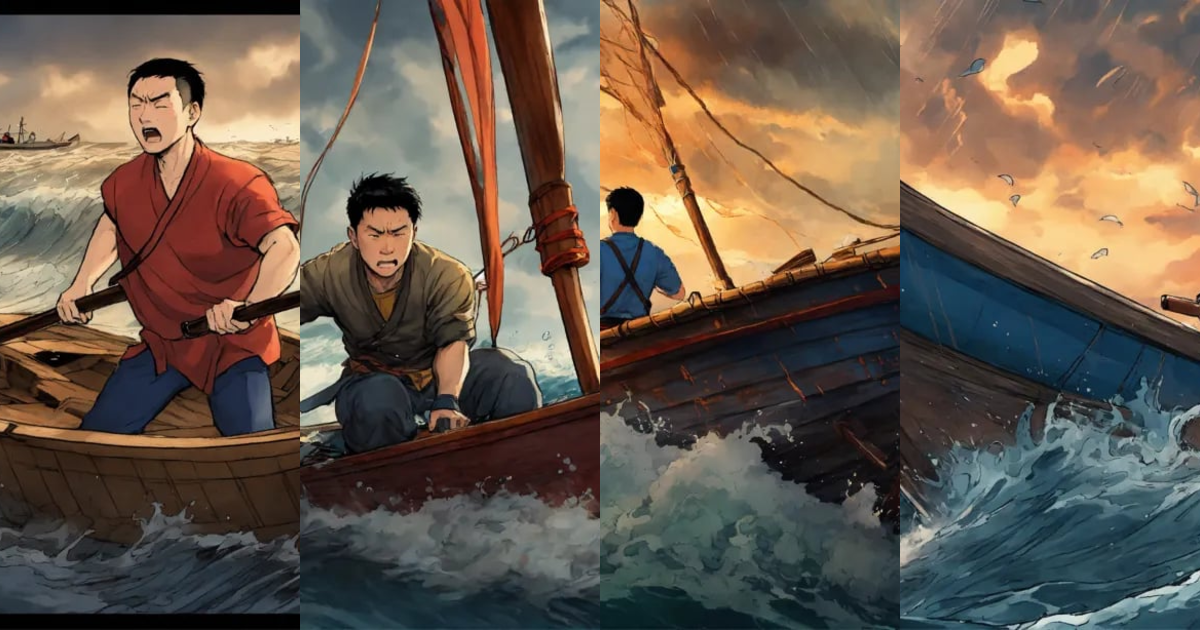 Lexica - Draw me a picture in the form of a comic book of a broken boat ...