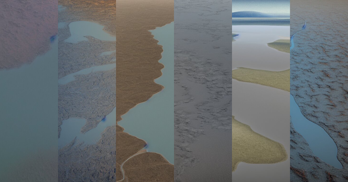 Lexica - Wide angle shot of muddy river delta leading to sea by hiroshi ...