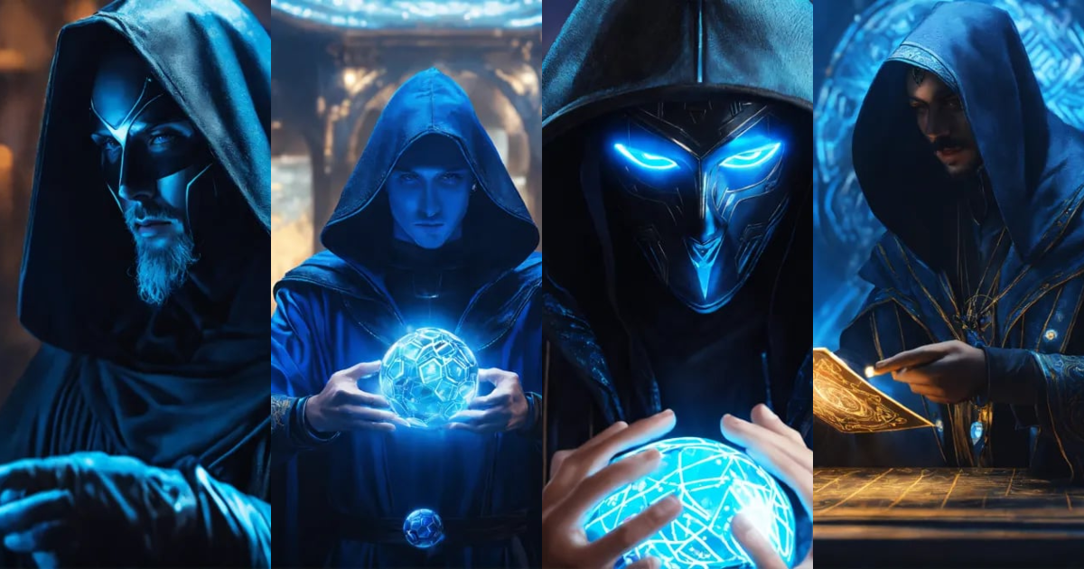 Lexica - A black and blue cloaked half masked sorcerer casting a spell ...