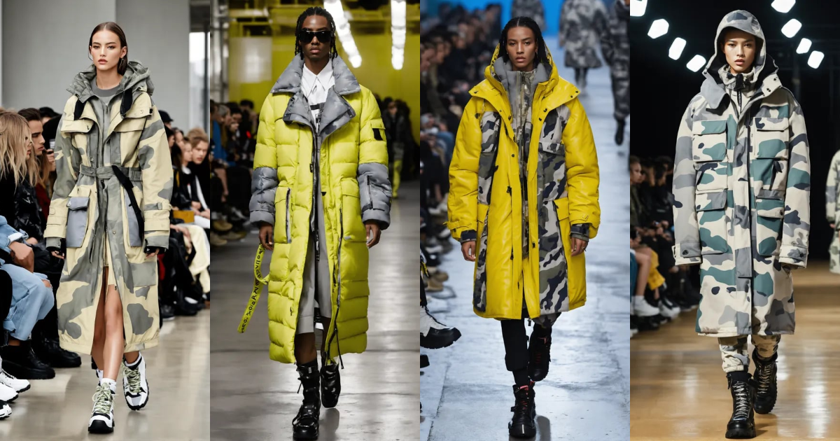 Lexica - Runway models wearing long Pudded thin jacket coat grey ...