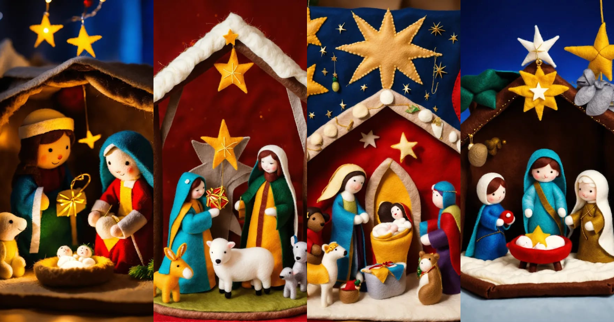 Lexica - Felt Art Installation Nativity scene beneath a radiant ...