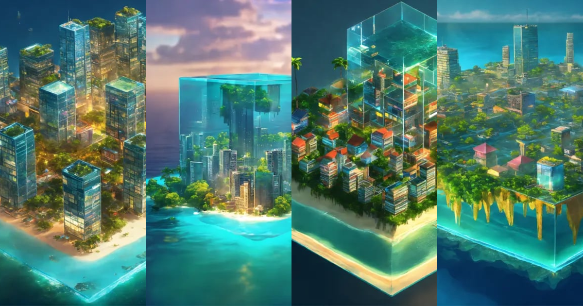 Lexica - A single small tropical island alone in the ocean, buildings ...